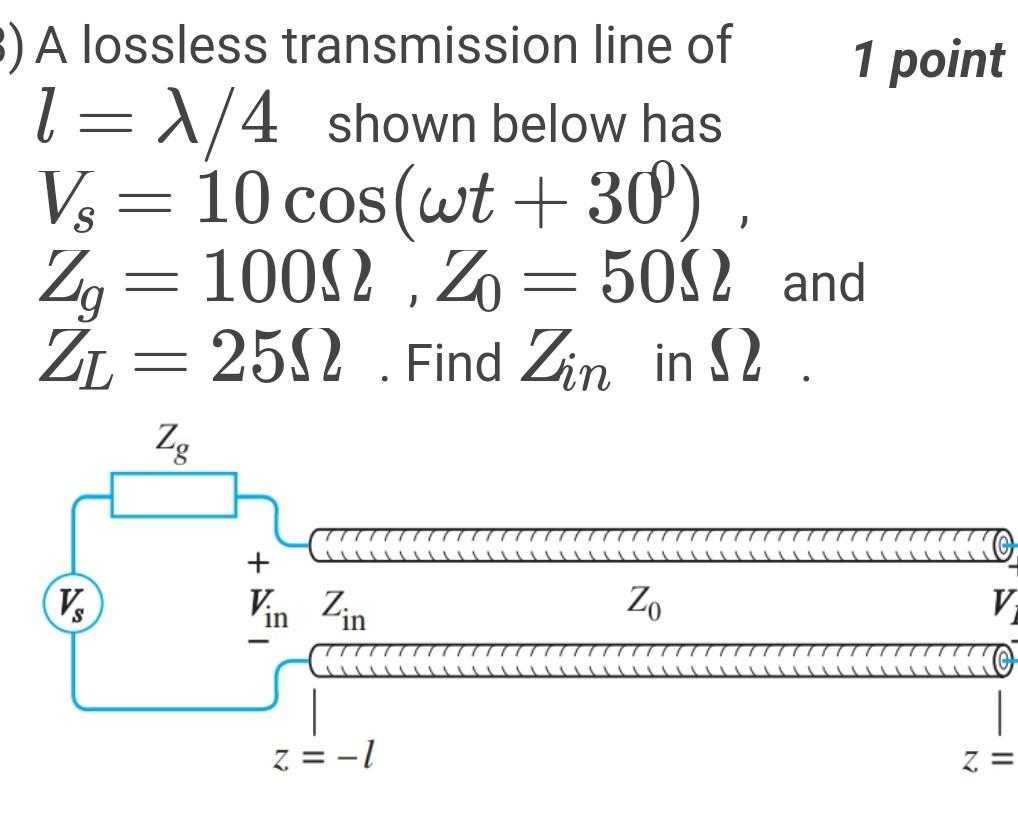 Solved A lossless transmission line of l=λ/4 shown below has | Chegg.com