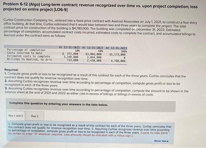Solved Problem 6-12 (Algo) Long-term contract; revenue | Chegg.com