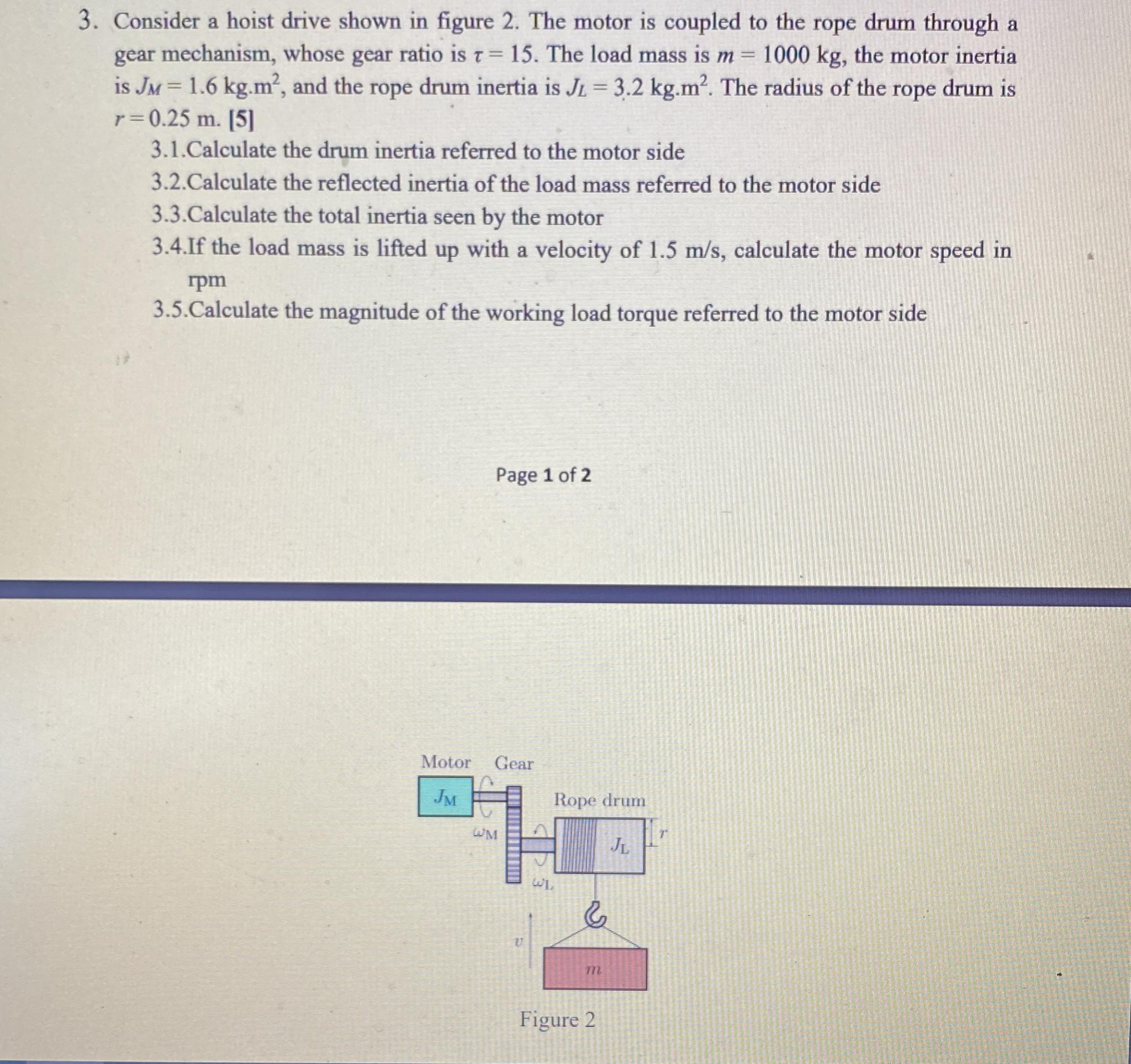Solved Consider a hoist drive shown in figure 2. ﻿The motor | Chegg.com