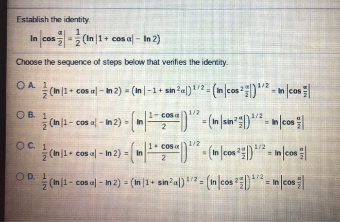Solved Establish the identity. 1 In cos 2. cos | = (In \1+ | Chegg.com