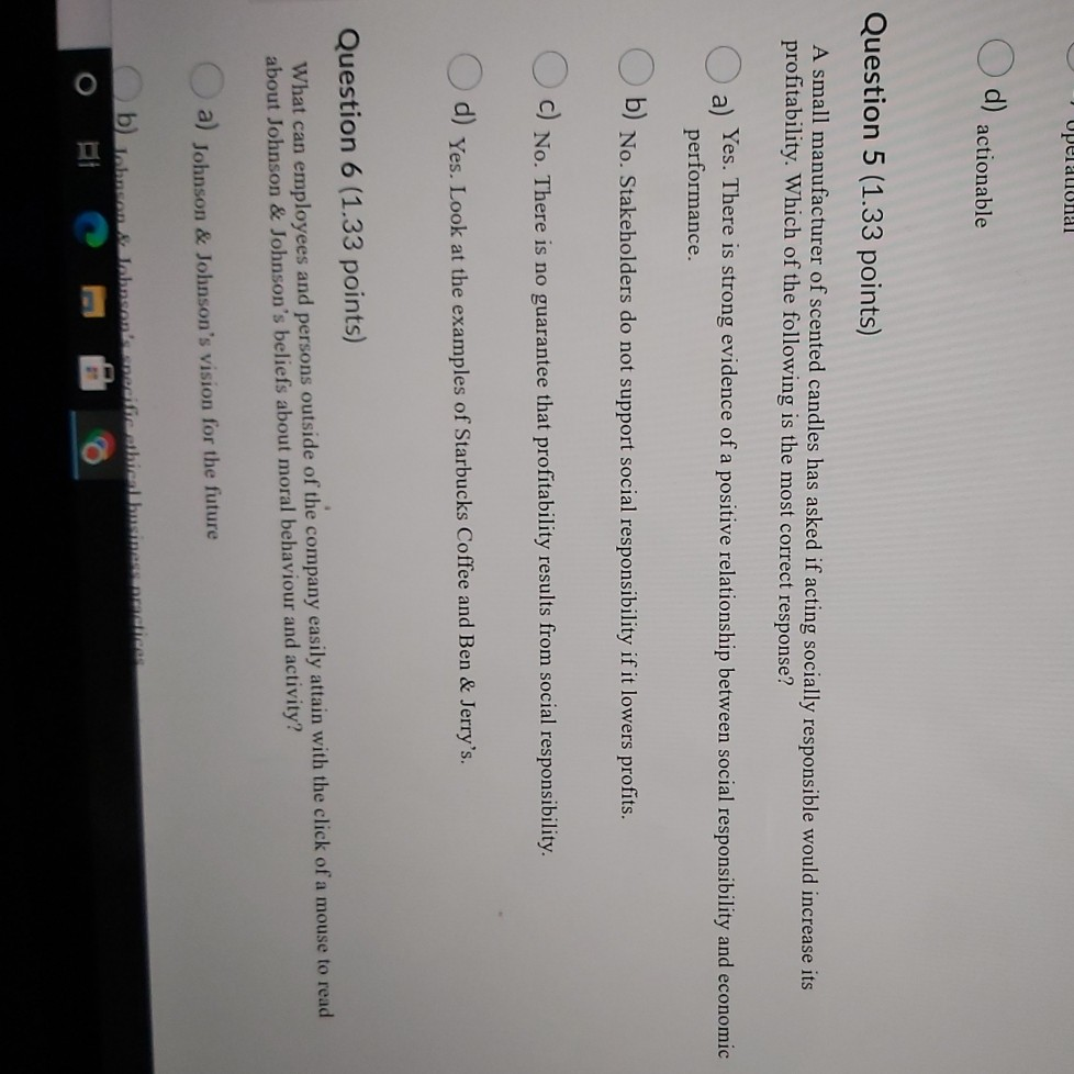 Solved operational d) actionable Question 5 (1.33 points) A | Chegg.com