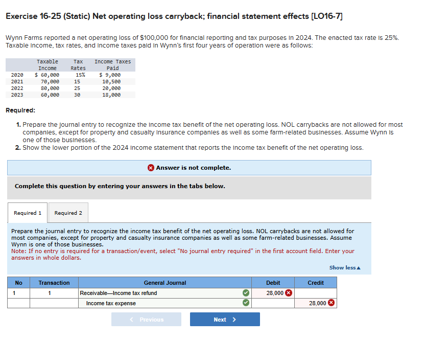 Solved Exercise 16-25 (Static) ﻿Net operating loss | Chegg.com