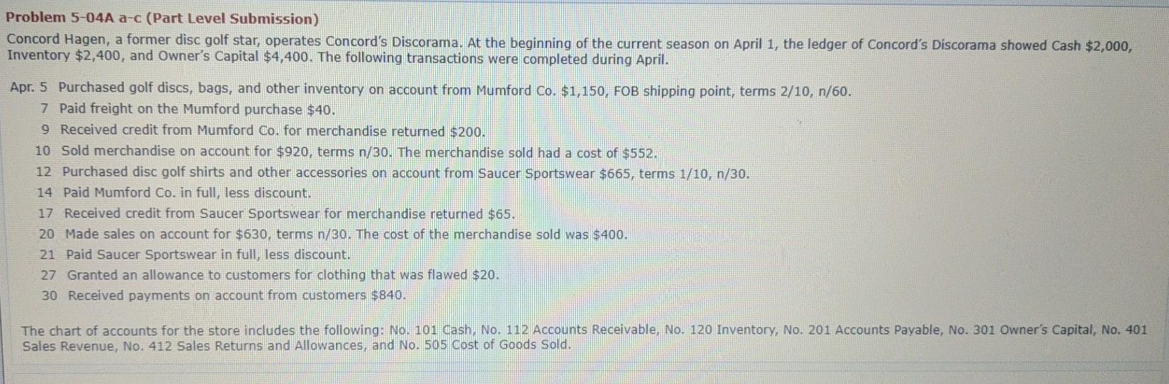 Solved Problem 5-04A a-c (Part Level Submission) Concord | Chegg.com