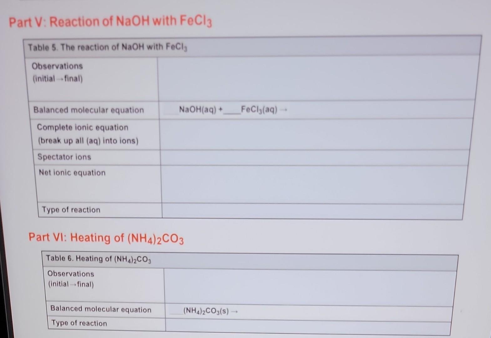 Solved Part V: Reaction of NaOH with FeCl3 Part VI: Heating | Chegg.com