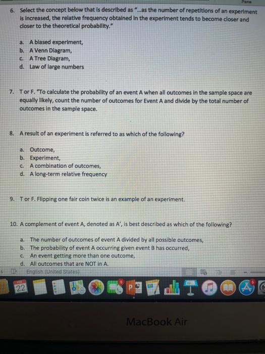 Solved 1. The set of all possible outcomes of an experiment | Chegg.com