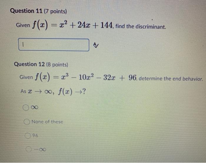 Solved Question 11 (7 points) Given f(x) = x2 + 24x + 144, | Chegg.com Solved Question 11 (7 points) Given f(x) = x2 + 24x + 144, | Chegg.com