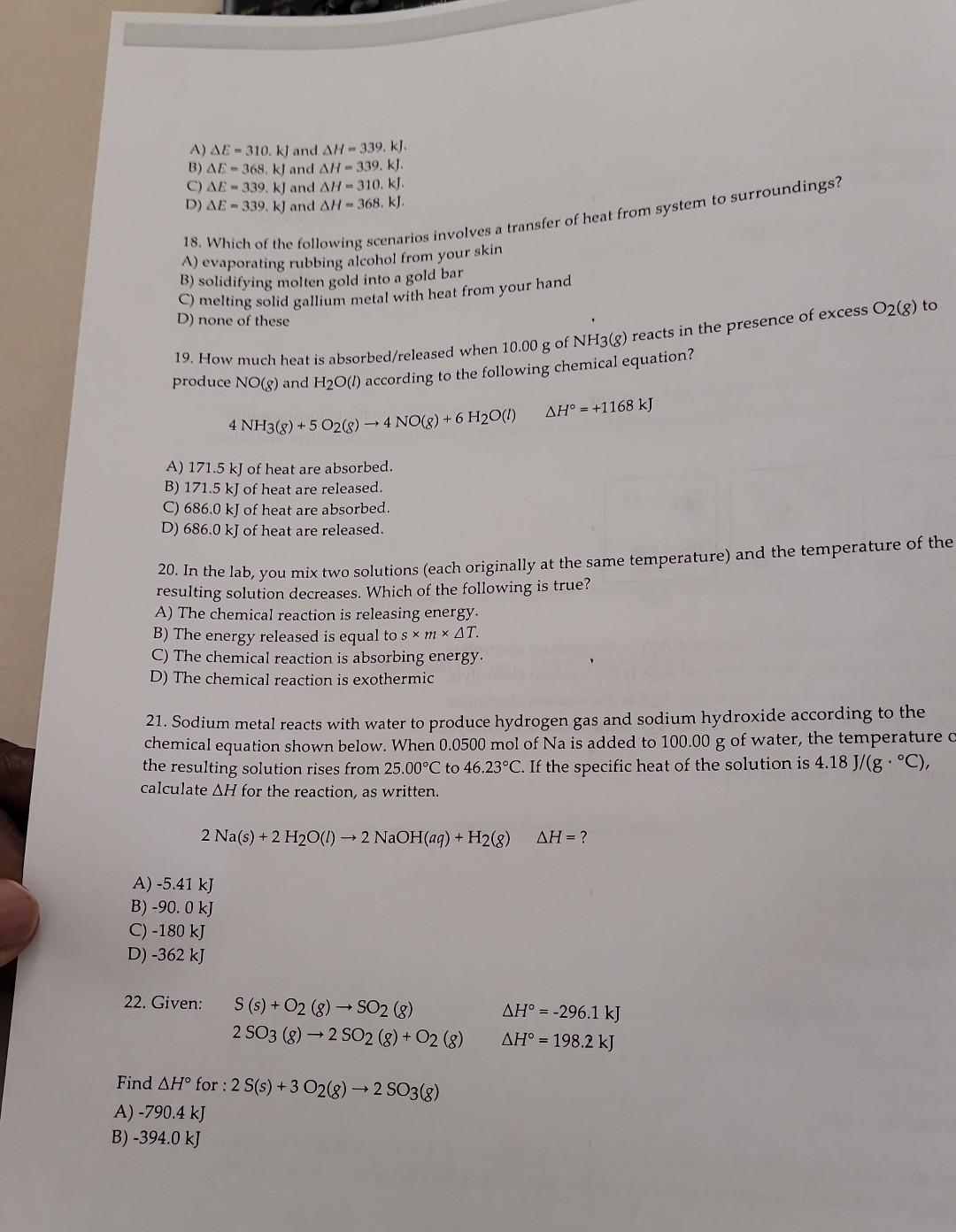Solved A) ΔE=310.k and ΔH=339.kJ. B) ΔE=368.kJ and | Chegg.com