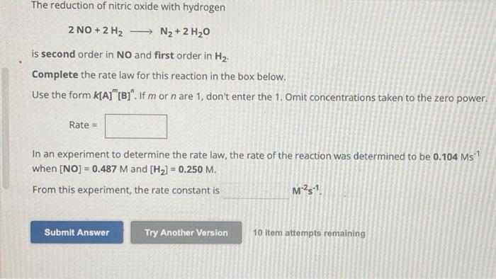 Solved The reduction of nitric oxide with hydrogen | Chegg.com