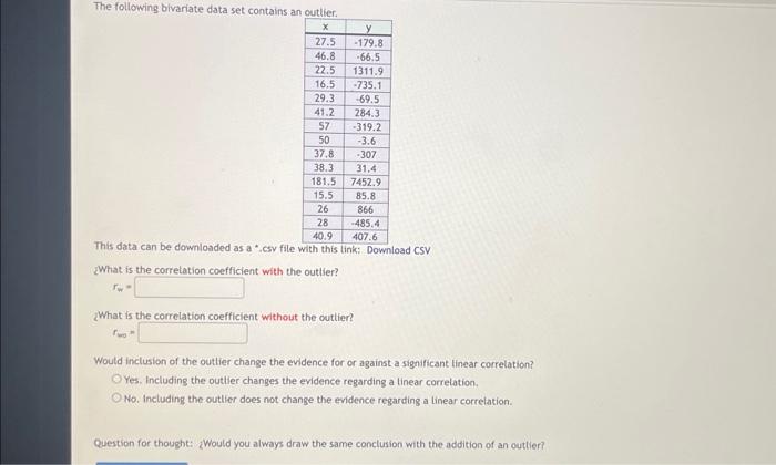 Solved The Following Bivariate Data Set Contains An Outlier