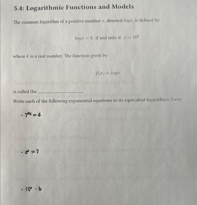 Solved 5.4: Logarithmic Functions and Models The common | Chegg.com