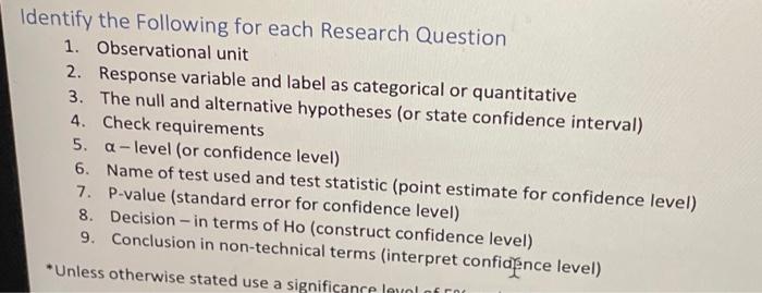 Solved Identify the Following for each Research Question 1. | Chegg.com