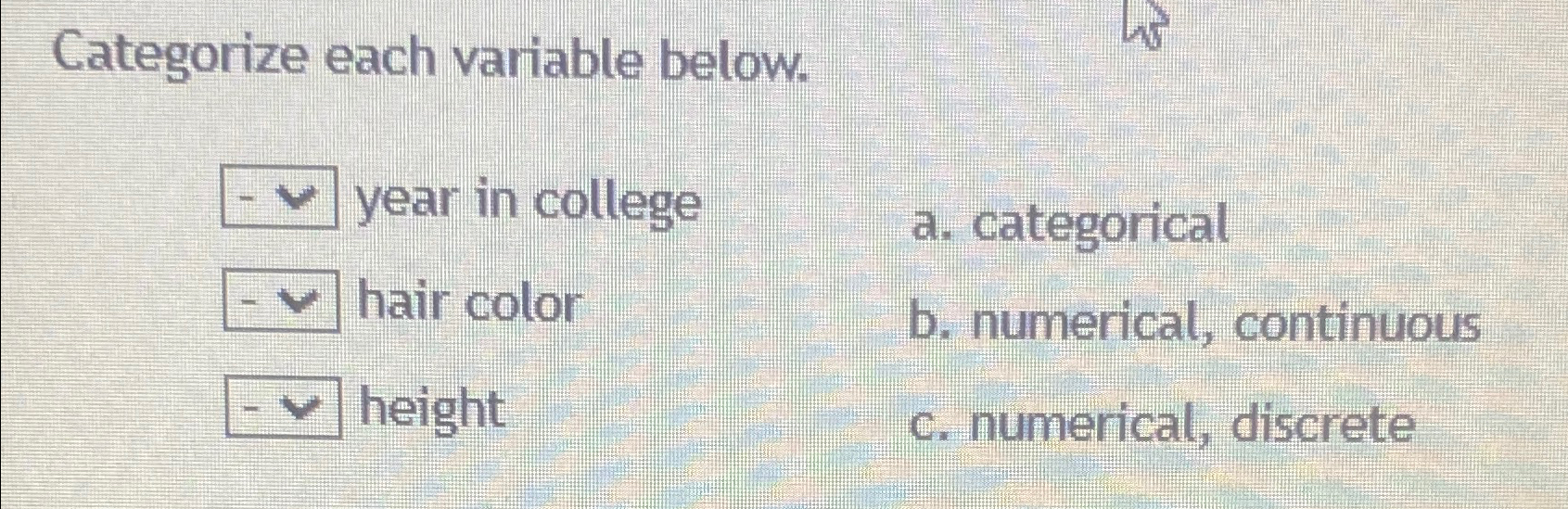Solved Categorize each variable below.year in collegea. | Chegg.com