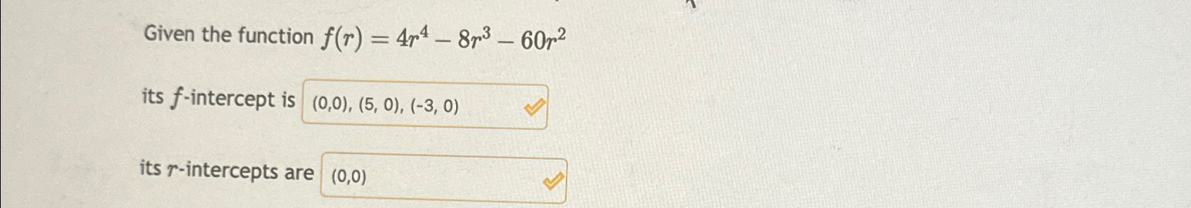 Solved Given the function f(r)=4r4-8r3-60r2its f-intercept | Chegg.com