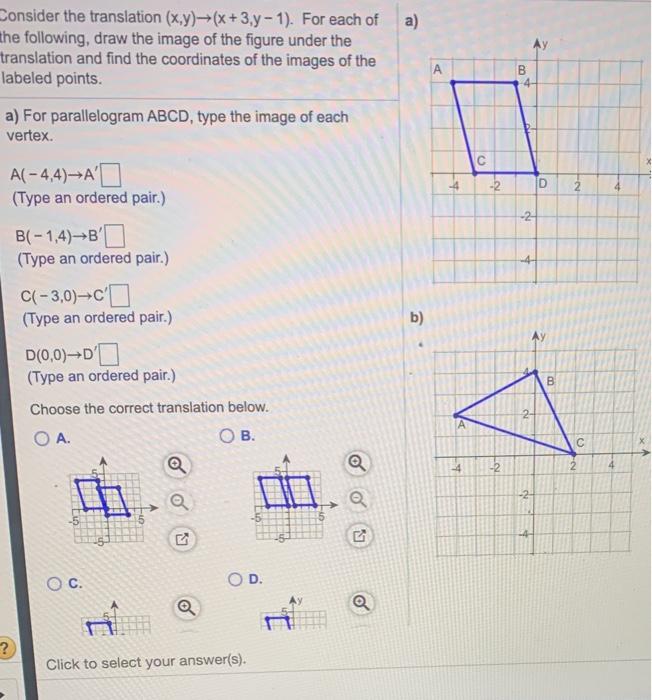 Solved a) Consider the translation (x,y)—(X+3,y-1). For each | Chegg.com