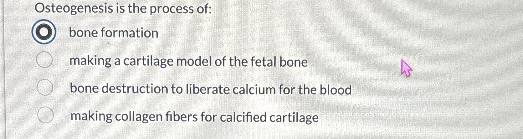 Solved Osteogenesis is the process of:bone formationmaking a | Chegg.com