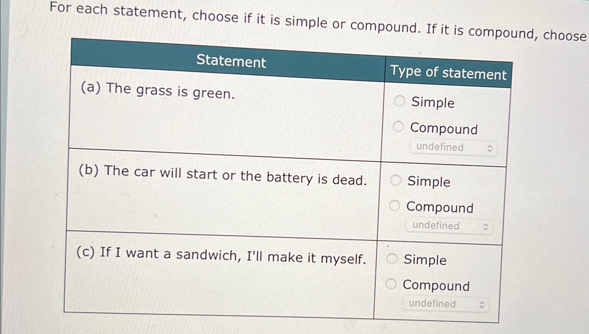 Solved For each statement, choose if it is simple or | Chegg.com