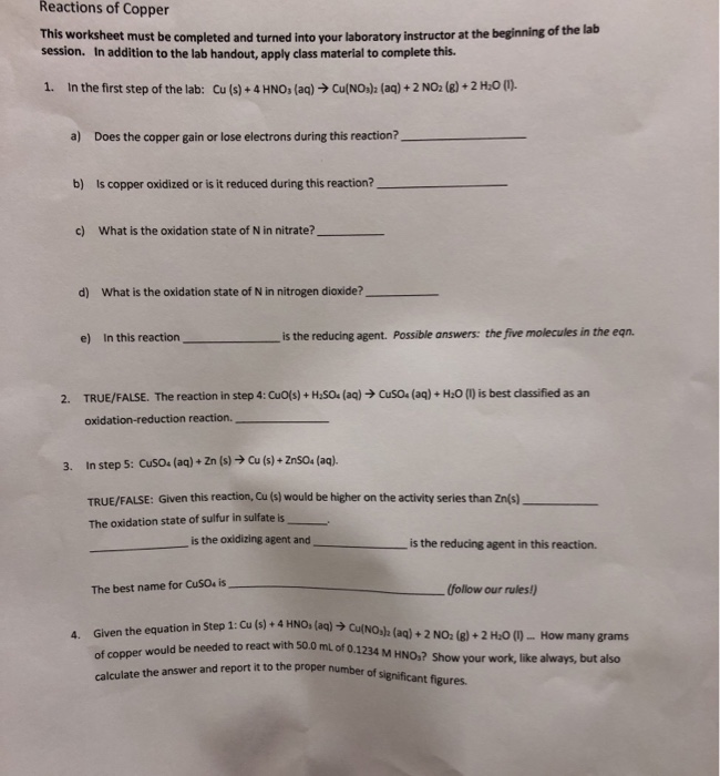 Solved Reactions of Copper This worksheet must be completed | Chegg.com