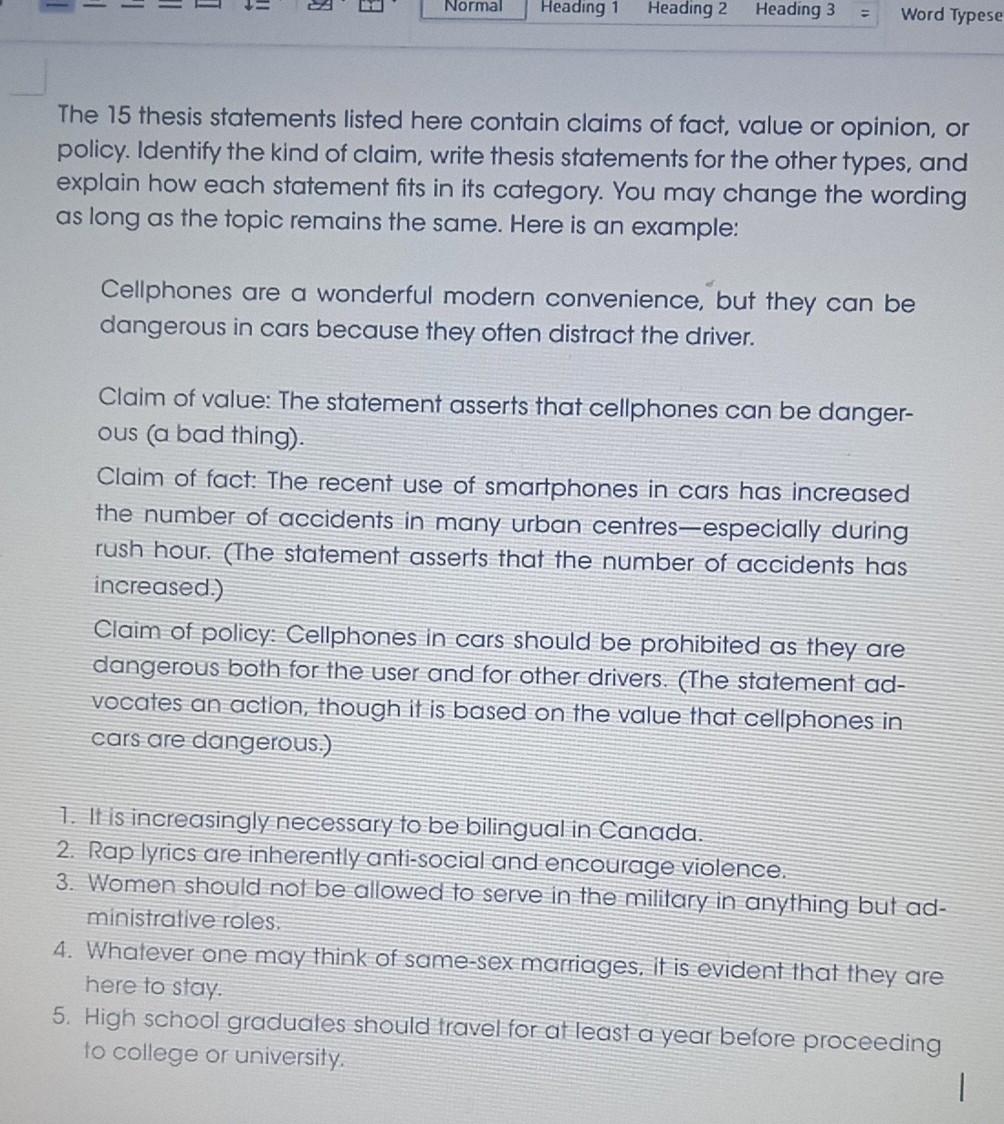The 15 thesis statements listed here contain claims | Chegg.com