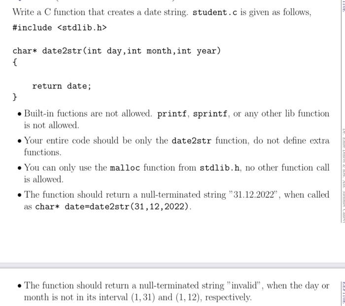 Solved Write a C function that creates a date string. | Chegg.com
