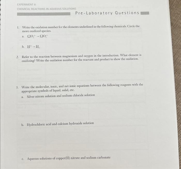 Solved EXPERIMENT 8 CHEMICAL REACTIONS IN AQUEOUS SOLUTIONS | Chegg.com