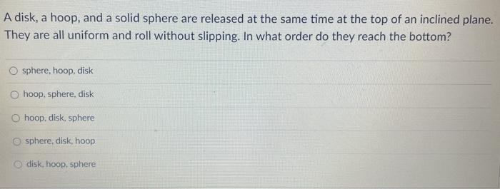 Solved A disk, a hoop, and a solid sphere are released at | Chegg.com