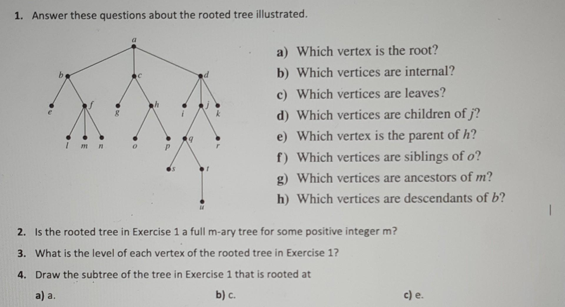 Solved 1. Answer these questions about the rooted tree | Chegg.com