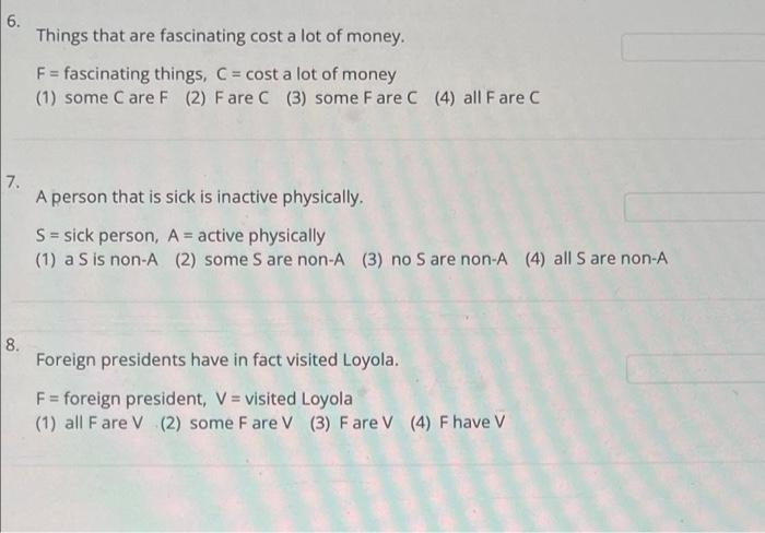Solved Part 1. Symbolization. For each of the following | Chegg.com