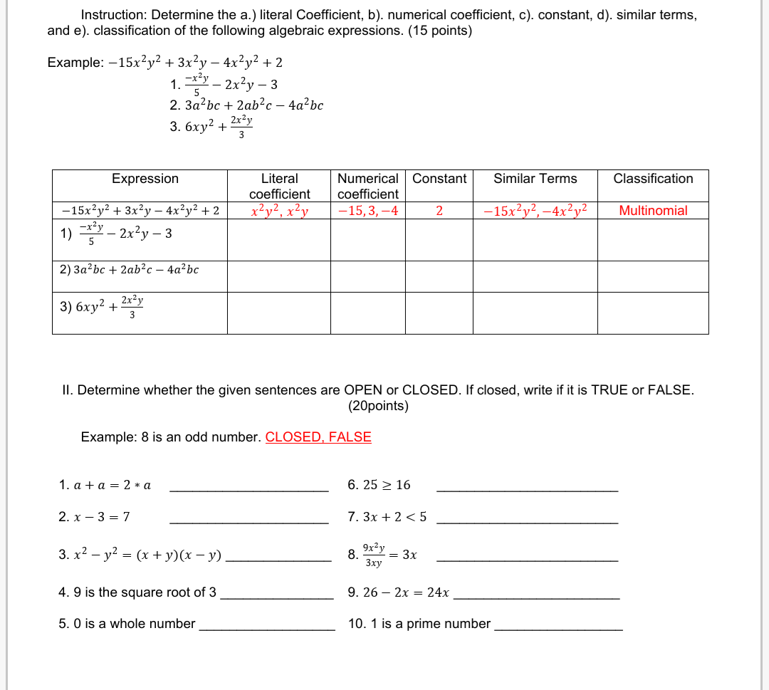 Solved Instruction: Determine the a.) literal Coefficient, | Chegg.com