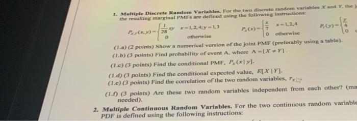 Solved - 1. Multiple Discrete Random Variables. For the two | Chegg.com