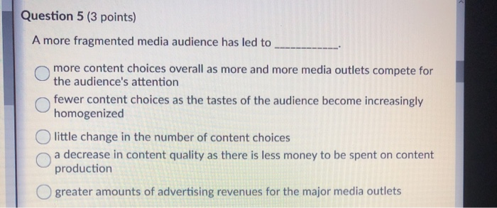 Solved Question 5 (3 points) A more fragmented media | Chegg.com