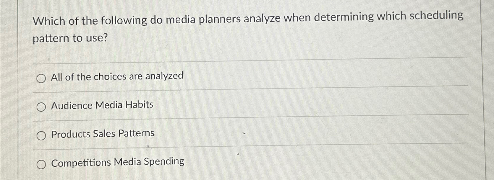 Solved Which of the following do media planners analyze when | Chegg.com
