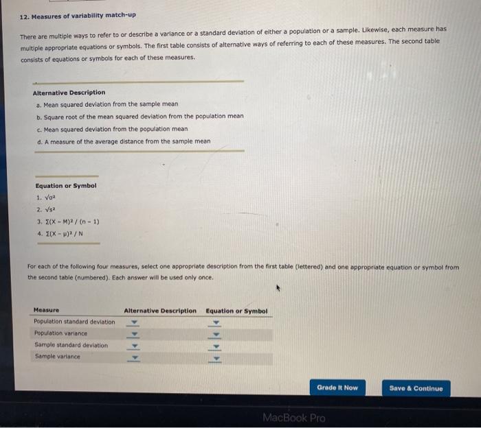 Solved 12. Measures of variability match-up There are | Chegg.com