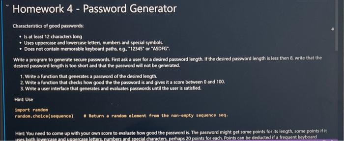 Solved Homework 4 - Password Generator Characteristics of | Chegg.com