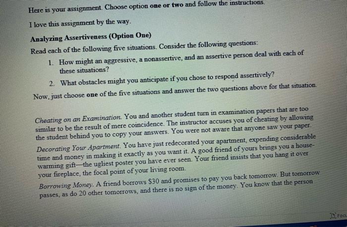 Here is your assignment. Choose option one or two and | Chegg.com