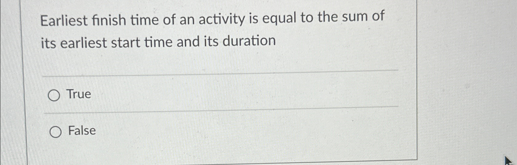 Solved Earliest finish time of an activity is equal to the | Chegg.com
