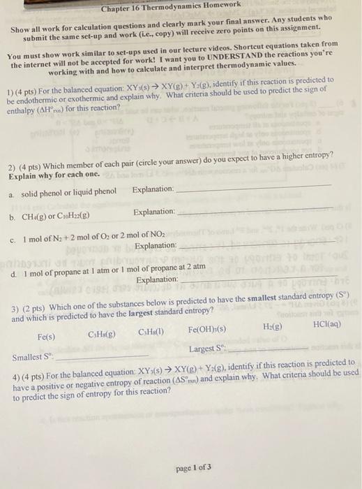 Solved Chapter 16 Thermodynamics Homework Show all work for | Chegg.com
