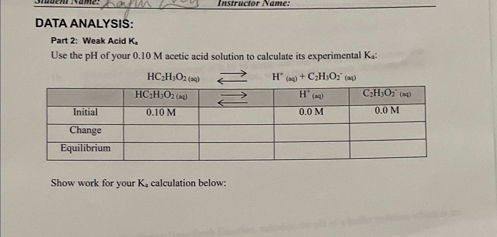 Solved Instructor Name:DATA ANALYSIS:Part 2: Weak Acid KaUse | Chegg.com
