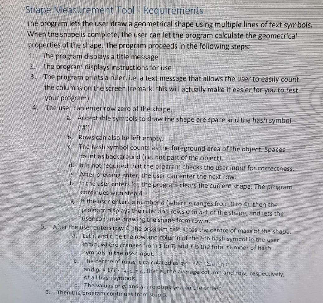 Solved Shape Measurement Tool - Requirements The program | Chegg.com