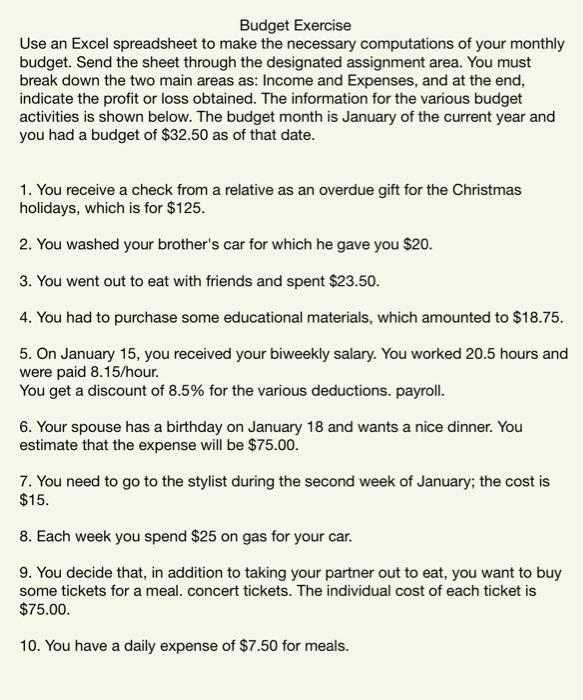 Solved Budget Exercise Use an Excel spreadsheet to make the | Chegg.com
