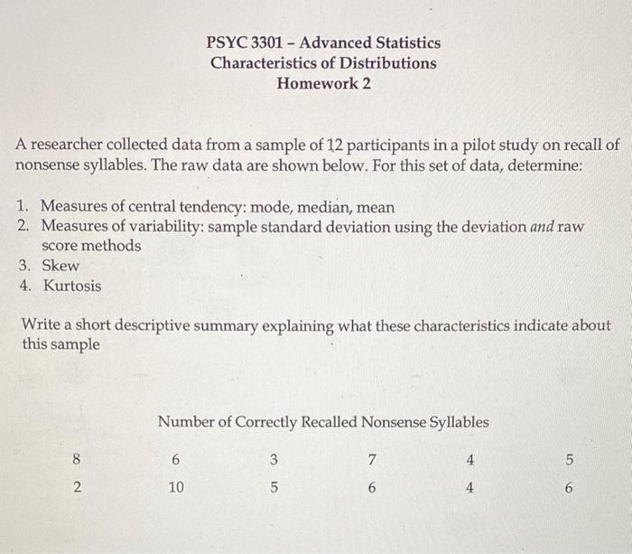 Solved PSYC 3301 - Advanced Statistics Characteristics of | Chegg.com