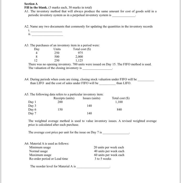 Solved Section A Fill in the blank. ( 3 marks each, 30 marks | Chegg.com
