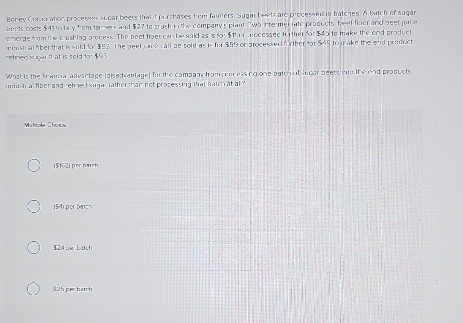 Solved Boney Corporation processes sugar beets that it | Chegg.com