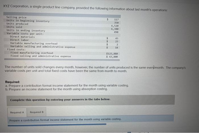 Solved XYZ Corporation, a single product line company | Chegg.com