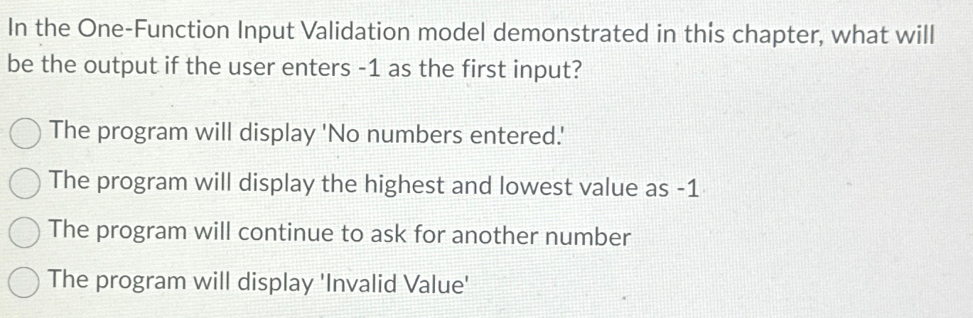 Solved In the One-Function Input Validation model | Chegg.com