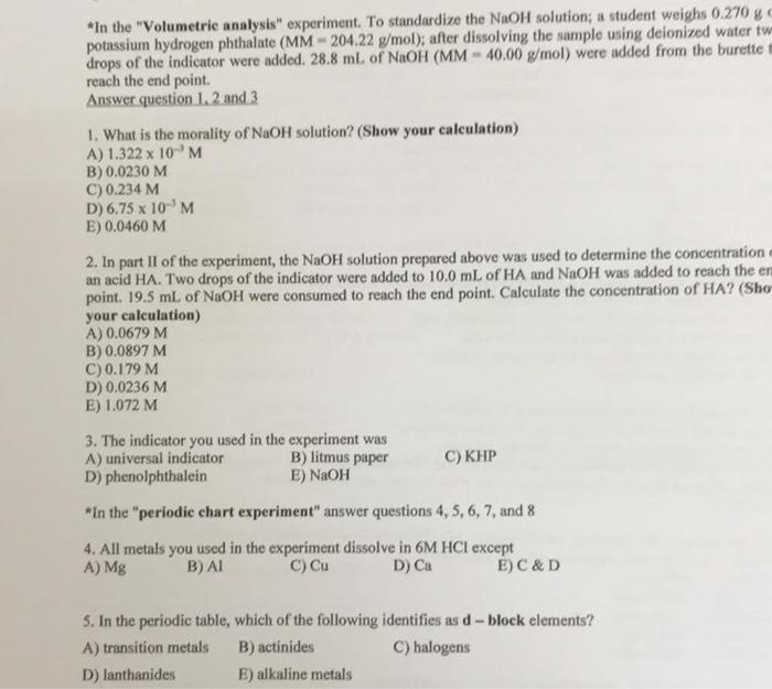 Solved "In the "Volumetric analysis" experiment. To | Chegg.com