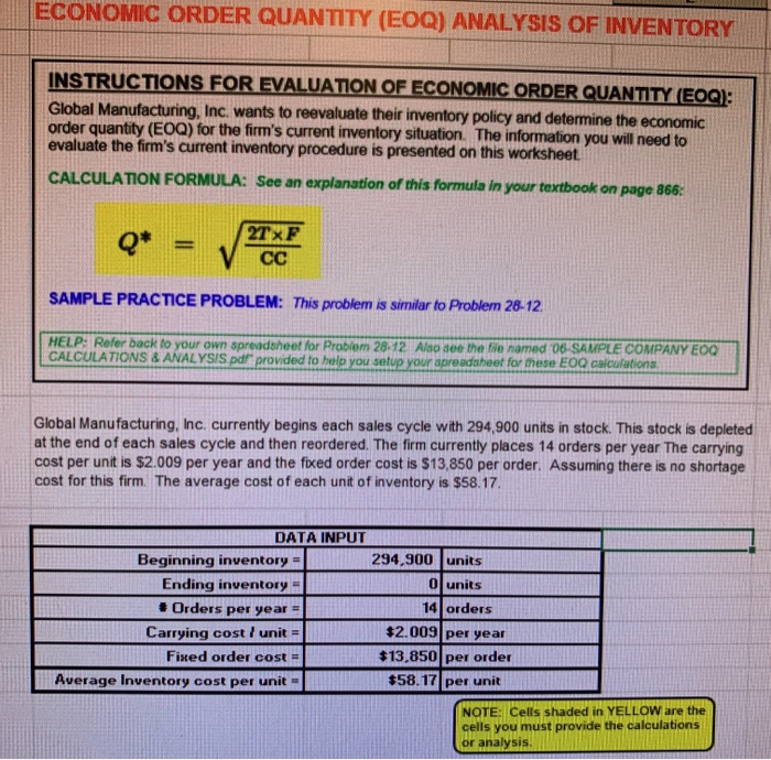 Solved ECONOMIC ORDER QUANTITY (EOQ) ANALYSIS OF INVENTORY | Chegg.com