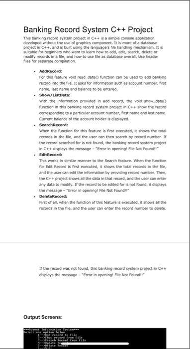 Solved Banking Record System C++ Project This banking record | Chegg.com