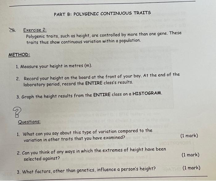 Solved PART B: POLYGENIC CONTINUOUS TRAITS Exercise 2: | Chegg.com