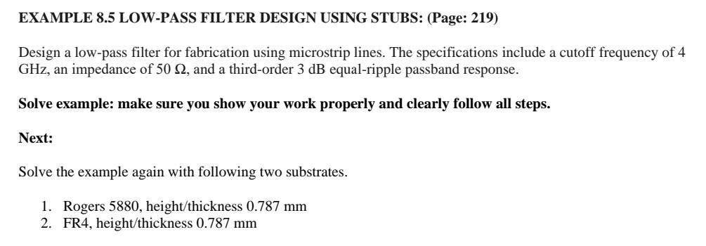 Solved EXAMPLE 8.5 LOW-PASS FILTER DESIGN USING STUBS: | Chegg.com