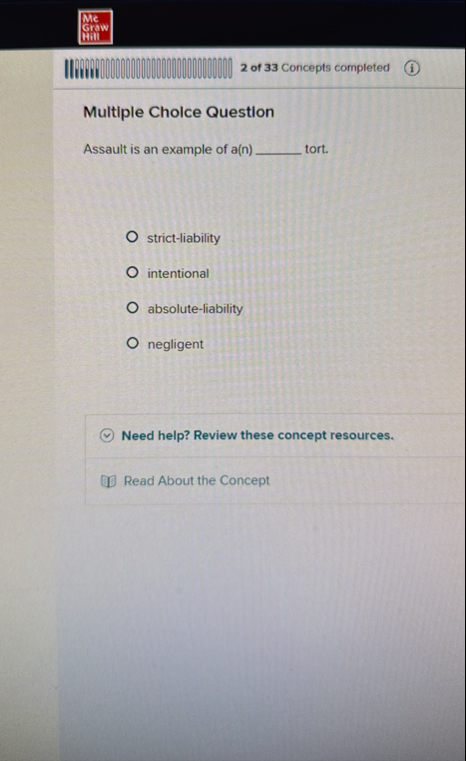 Solved MeGrawHill2 ﻿of 33 ﻿Concepts completedMultiple Cholce | Chegg.com